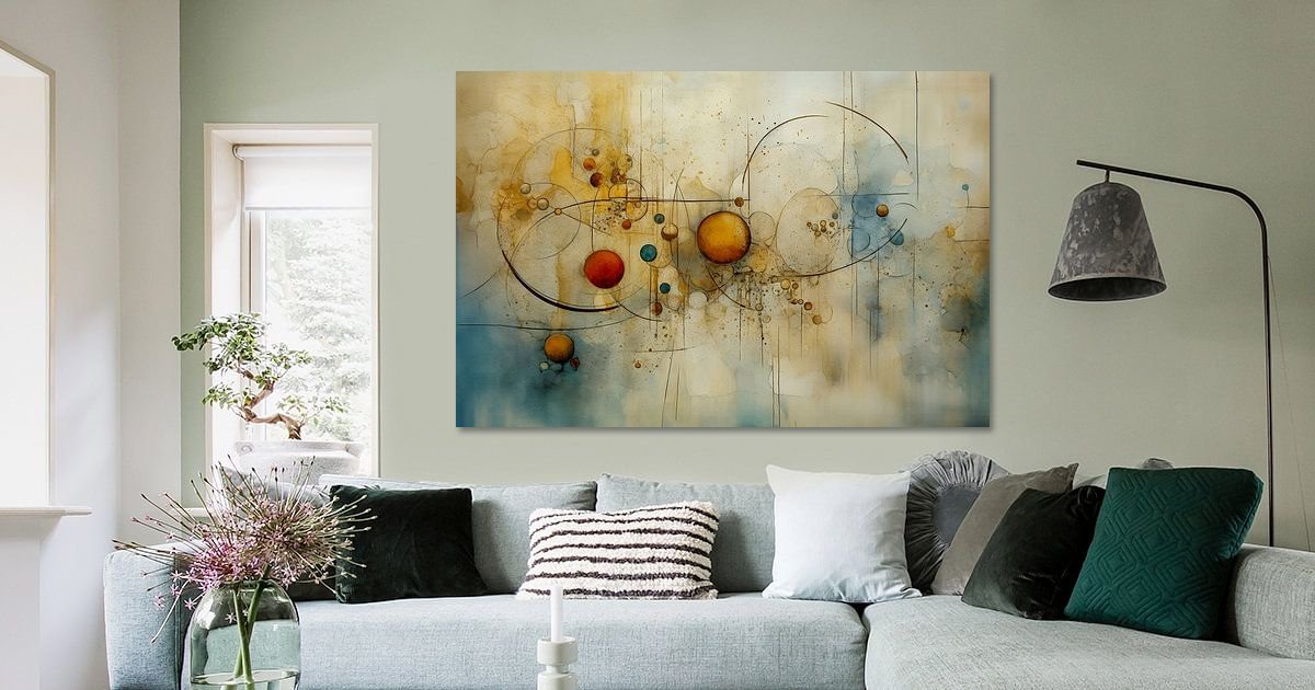 Abstract, aardetinten “Joyful Dance of Shapes and Lines van Joriali Abstract op canvas, behang ...